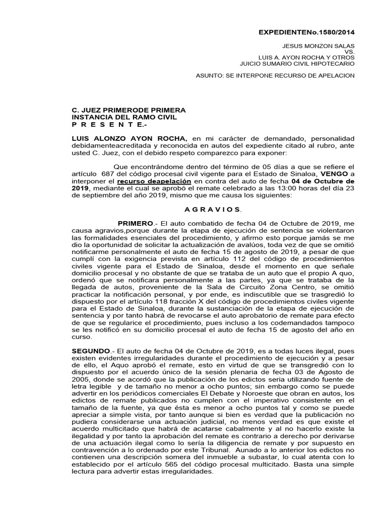 Apelacion Auto Aprobatorio de Remate de Luis Alonzo Ayon Rocha Octubre ...