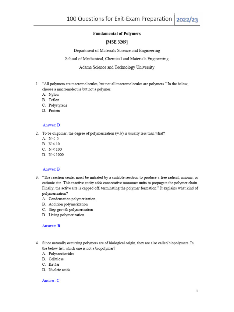 Polymer Fundamentals: 100 Questions | PDF | Polymers | Entropy