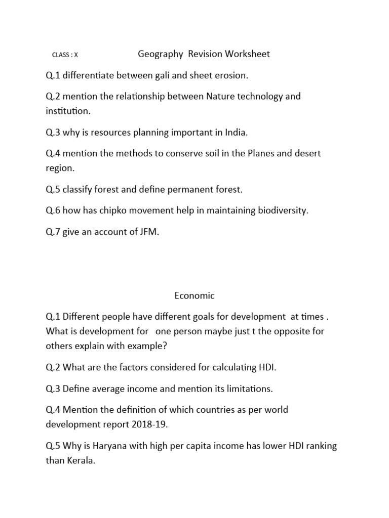 Revision Worksheet X Geo+ Eco Hahs | PDF