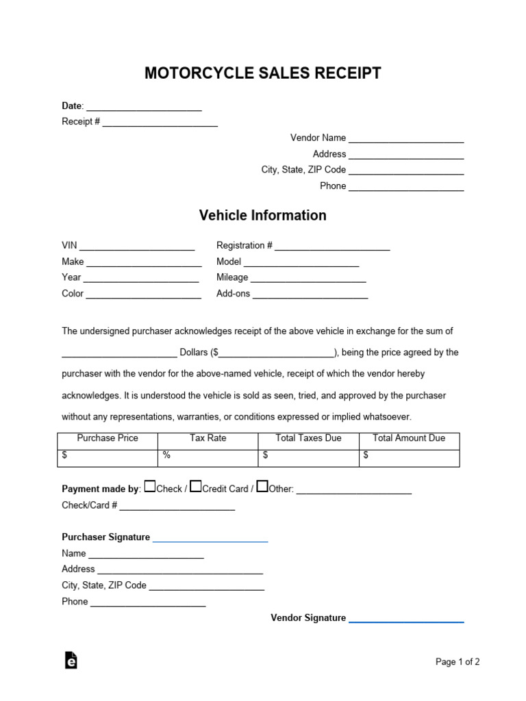 Motorcycle Sales Receipt Template | PDF | Finance & Money Management