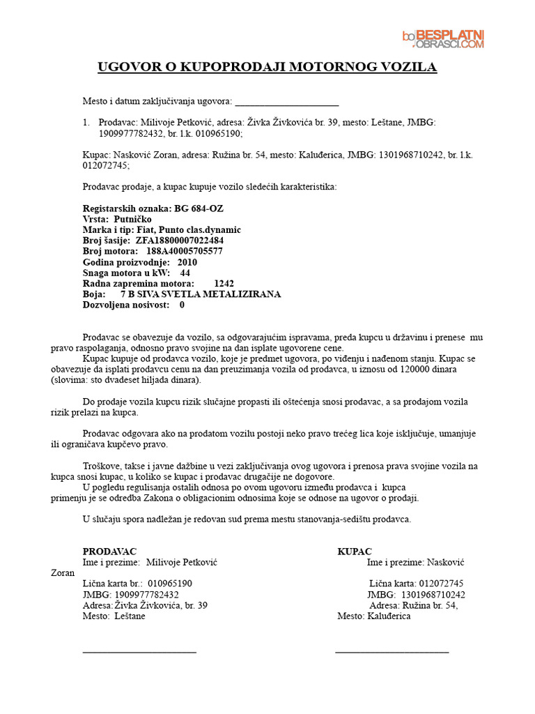 Ugovor o Kupoprodaji Motornog Vozila Punto | PDF