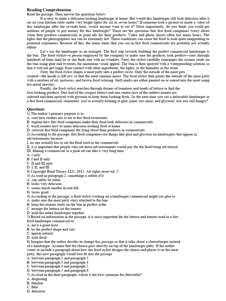 Reading Comprehension Fast Food | PDF | Hamburgers | Foods