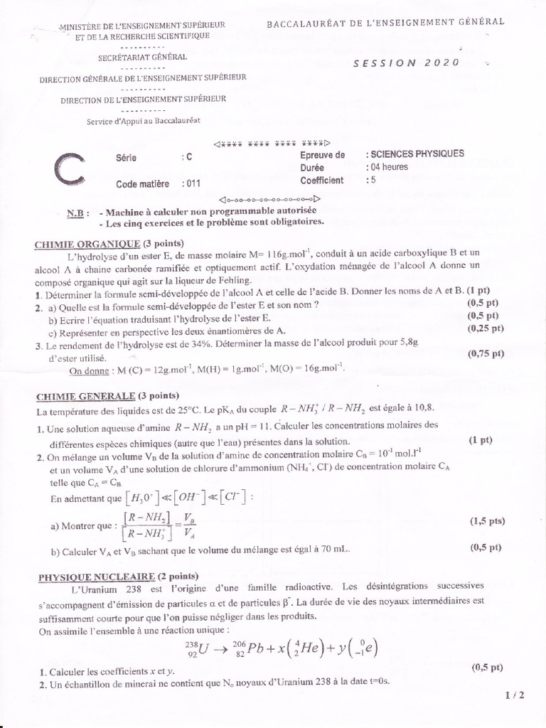 sujet PC serie C session 2020 | PDF sujet PC serie C session 2020 | PDF