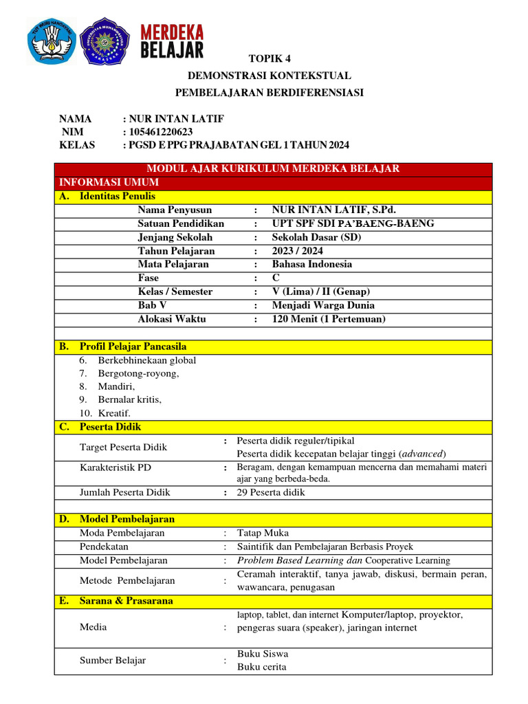 t4 Demonstrasi Kontekstual RPP Intan Latief | PDF | Karier & Perkembangan | Seni & Disiplin Bahasa