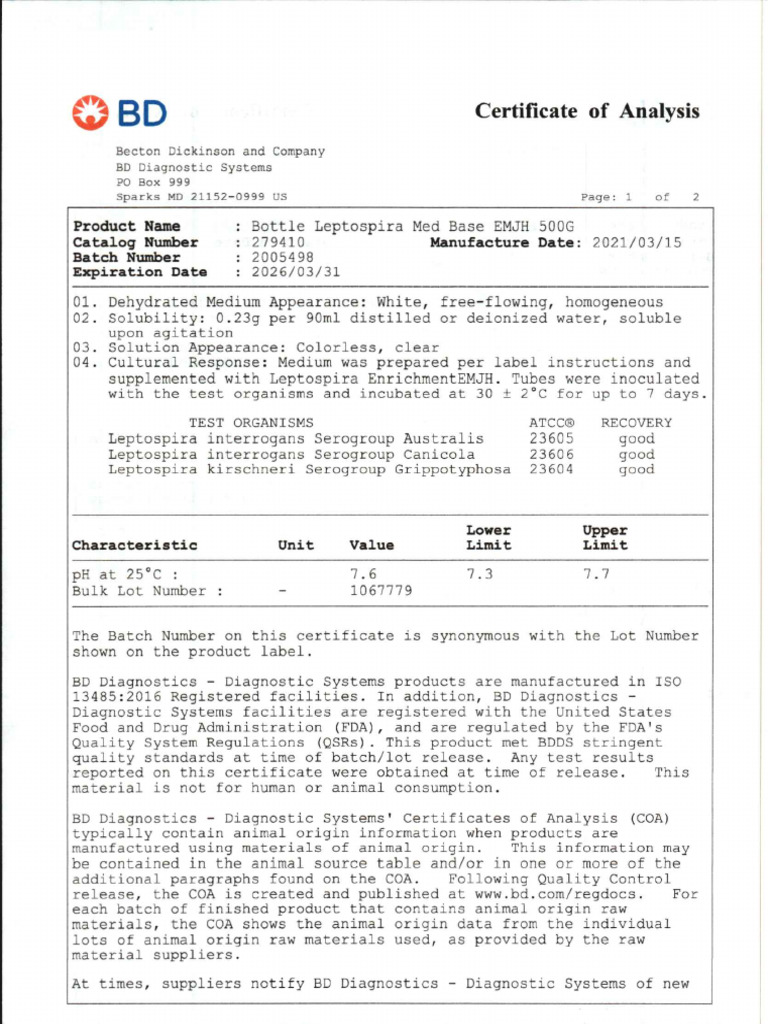 Certificado de Analisis Base Leptospira Emjh | PDF