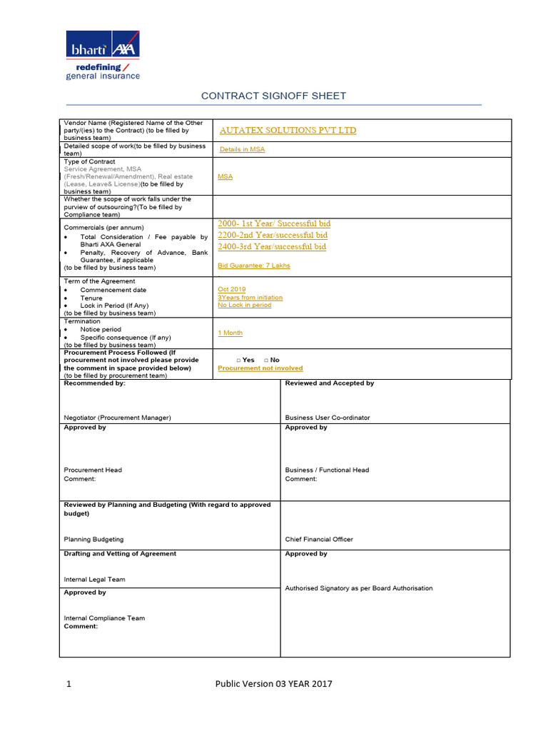 Contract Sign Off Sheet - 30-3-2018 | PDF | Procurement | Information ...