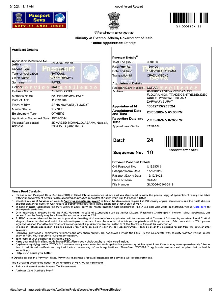 Appointment Receipt AKEEL | PDF | Identity Document | Passport