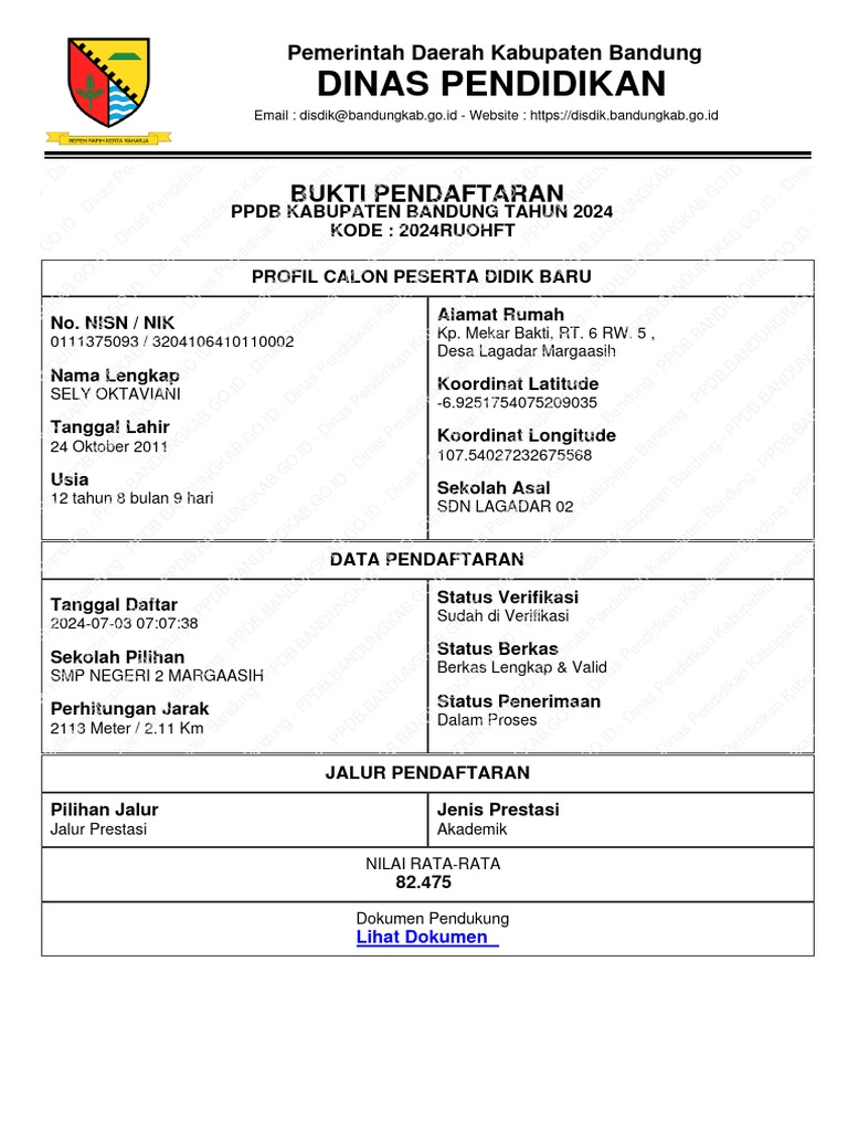 Bukti Pendaftaran PPDB Tahun 2024 An. SELY OKTAVIANI (0111375093) | PDF