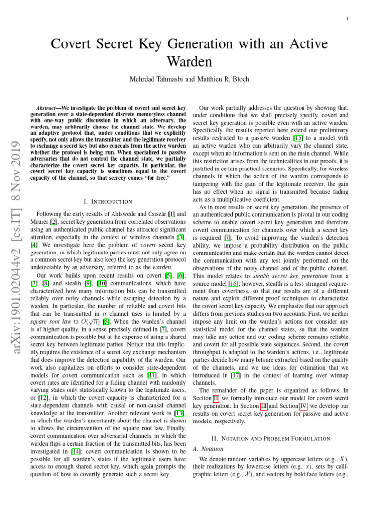 Covert Secret Key Generation With An Active Warden: Mehrdad Tahmasbi and Matthieu R. Bloch | PDF ...