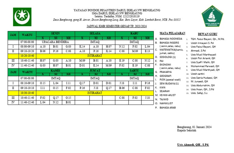 Jadwal SMA Darul Ikhlas 2023/2024 | PDF