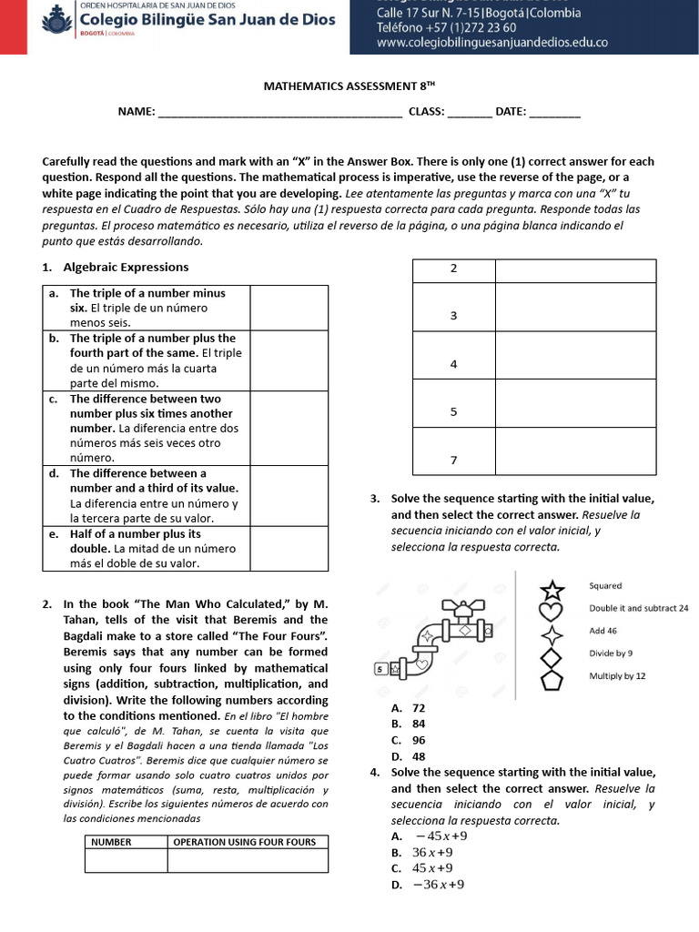 Evaluacion 8TH Algebra | PDF