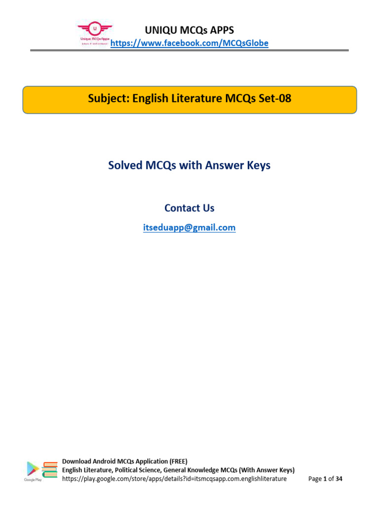 08-English Literature MCQs Set-08 | PDF | Modernism | Bloomsbury Group