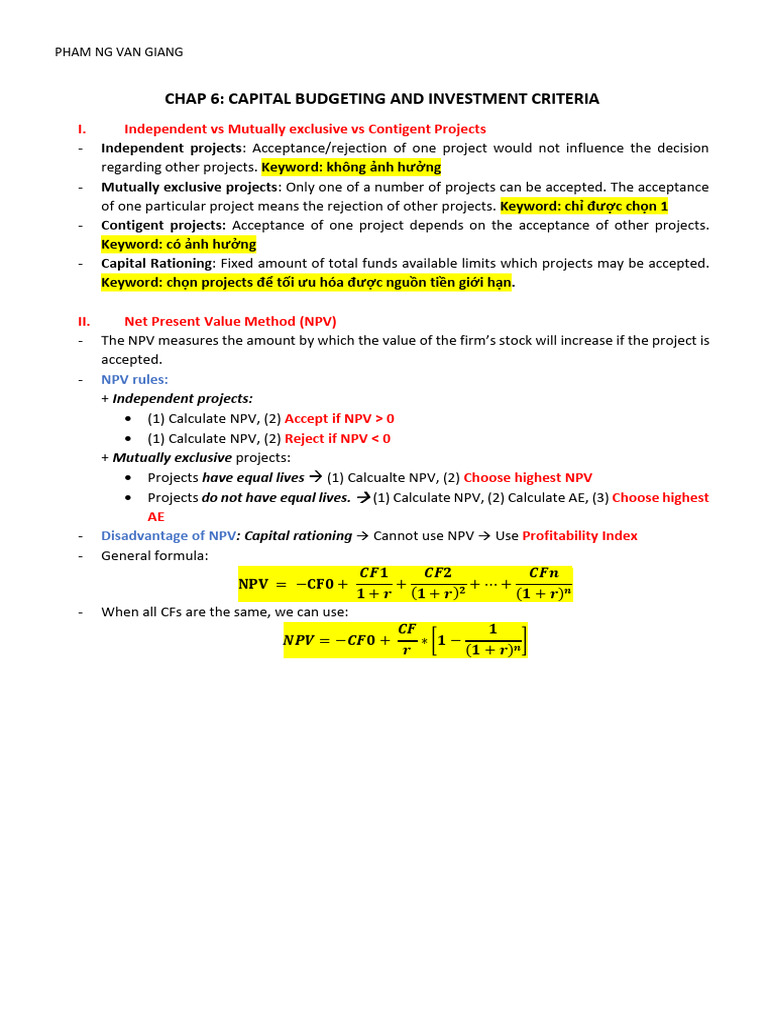 (P1) Capital Budgeting Summary | PDF | Capital Budgeting | Net Present Value