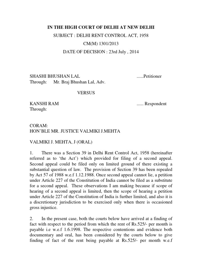 Shashi Bhushan Lal vs. Kanshi Ram | PDF | Leasehold Estate | Landlord