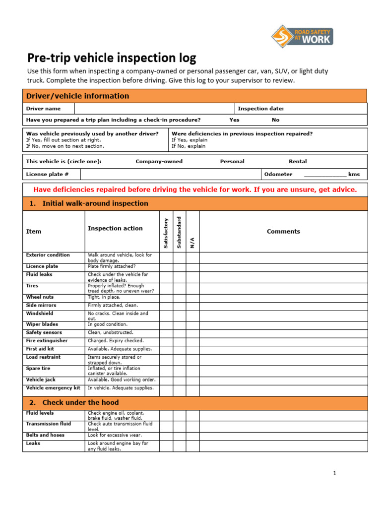 Pre-Trip Vehicle Safety Inspection Log | PDF | Vehicles | Tire