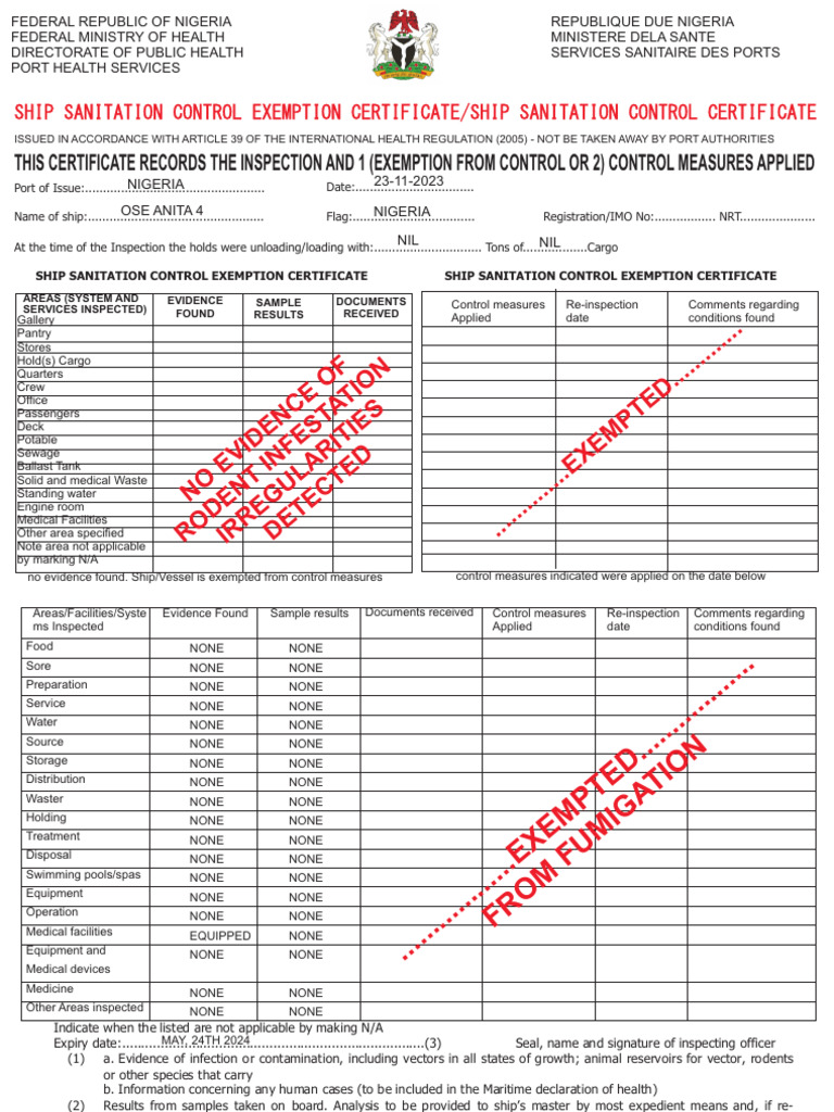 Nigeria Ship Sanitation Control Certificate | PDF | Ships | Sanitation