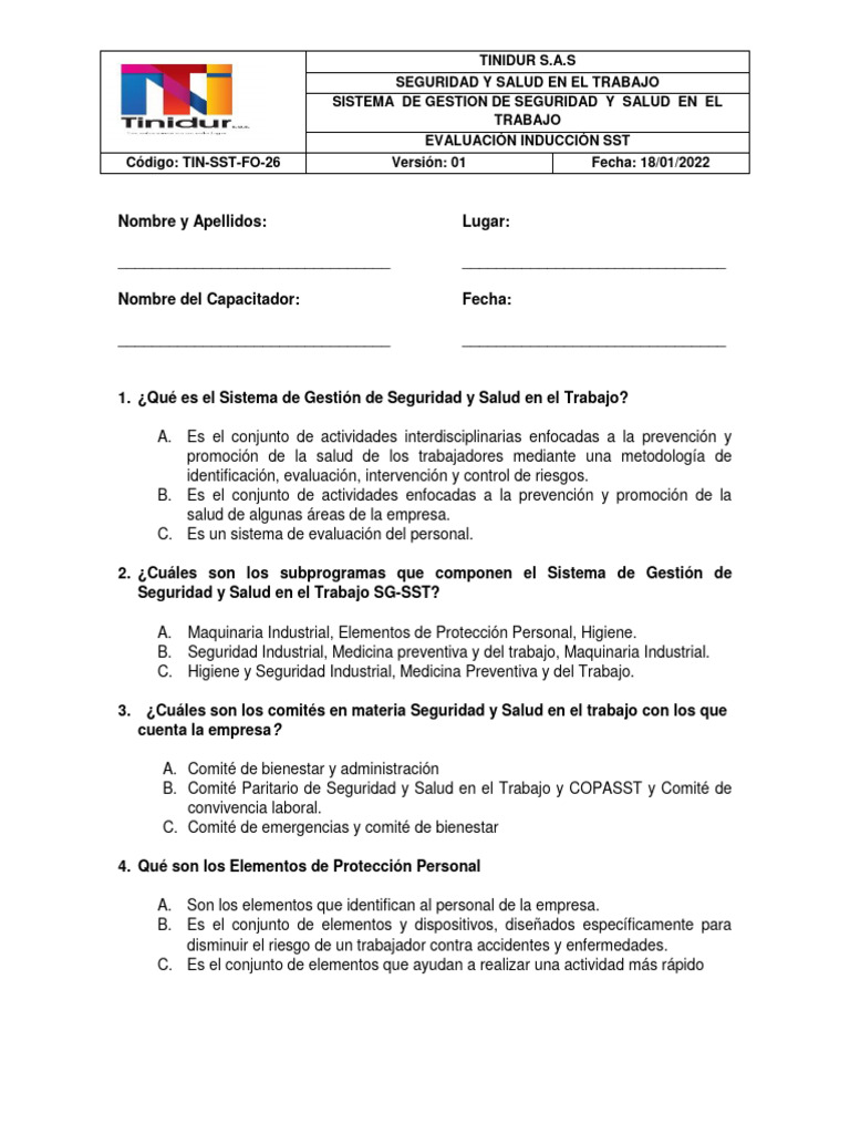 TIN SST FO 26 - Evaluación - Inducción - V 01 | PDF | Negocios TIN SST FO 26 - Evaluación - Inducción - V 01 | PDF | Negocios