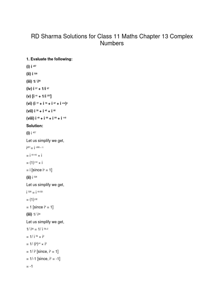 RD Sharma Solutions For Class 11 Maths Chapter 13 Complex Numbers | PDF | Complex Number | Numbers