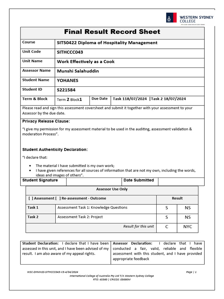 Final Result Record Sheet SITHCCC043 | PDF | Mediation | Appeal