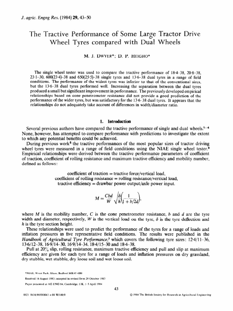 The Tractive Performance of Some Large Tractor Drive Wheel Tyres Compared With Dual Wheels | PDF ...