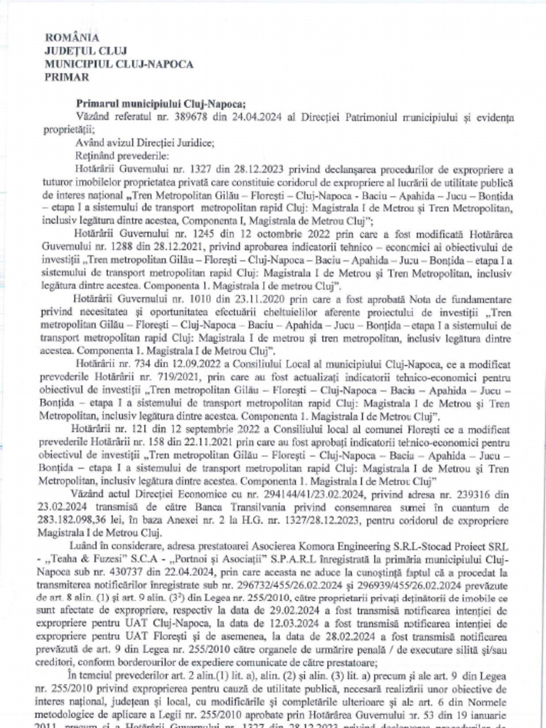 Anexa Nr. 1 Decizia de Expropriere Magistrala I de Metrou Cluj | PDF
