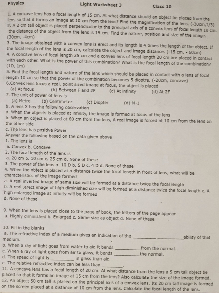 Class X Science Refraction Worksheet 03 | PDF