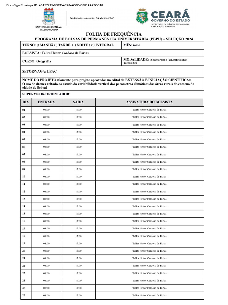 Folha de Frequência PBPU 2024 | PDF