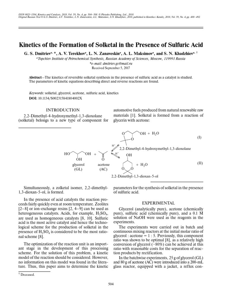 Kinetics of Solketal in Presence of H2S04 | PDF | Chemical Reactor ...
