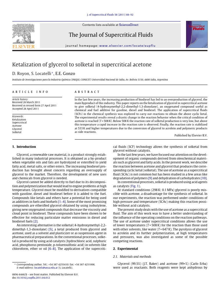 Ketalization of Glycerol in Supercritical Acetone | PDF | Supercritical ...