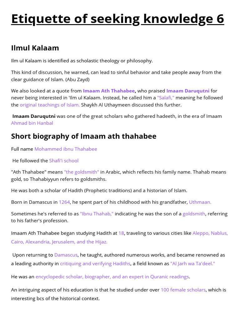 Etiquette of Seeking Knowledge 101 Lesson 6 | PDF | Hadith | Muhammad