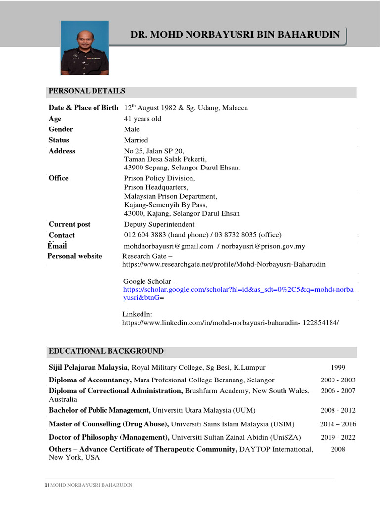 Curiculum Vitae CV of DR Mohd Norbayusri Baharudin | PDF | Career & Growth