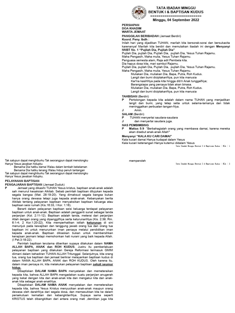 Tata Ibadah Baptisan Kudus Minggu 04 September 2022 | PDF