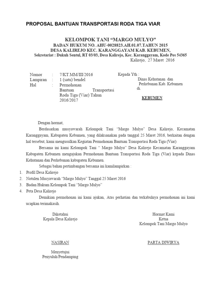 Proposal Bantuan Transportasi Roda Tiga Viar | PDF
