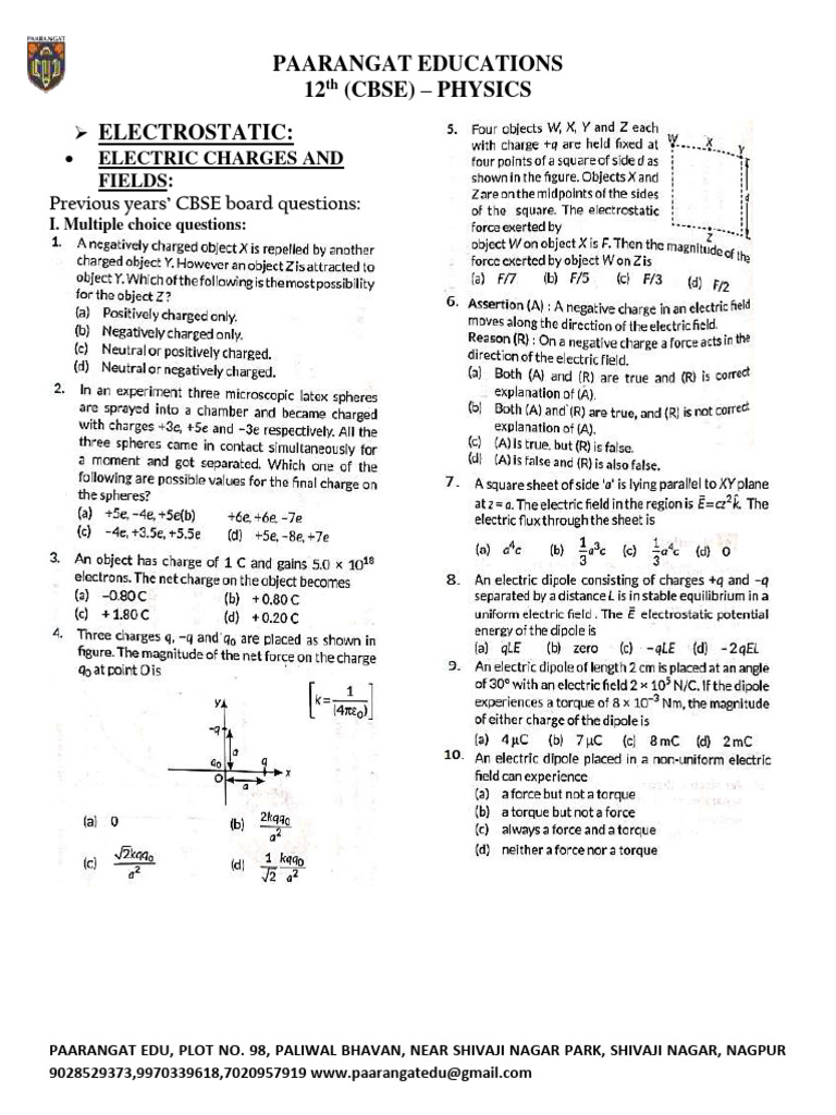 12th CBSE Electrostatics PYQ's | PDF | Applied And Interdisciplinary Physics | Electricity