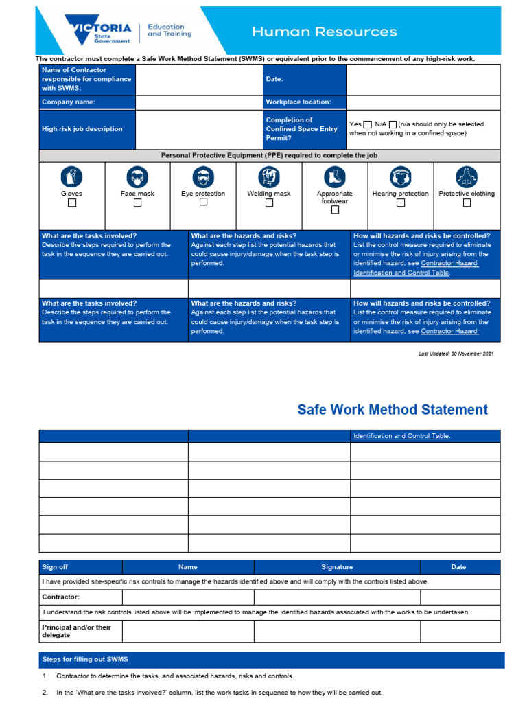 The Contractor Must Complete A Safe Work Method Statement (SWMS) or ...