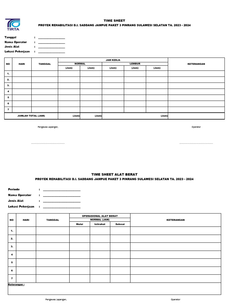 Time Sheet Alat Berat | PDF | Teknologi & Rekayasa