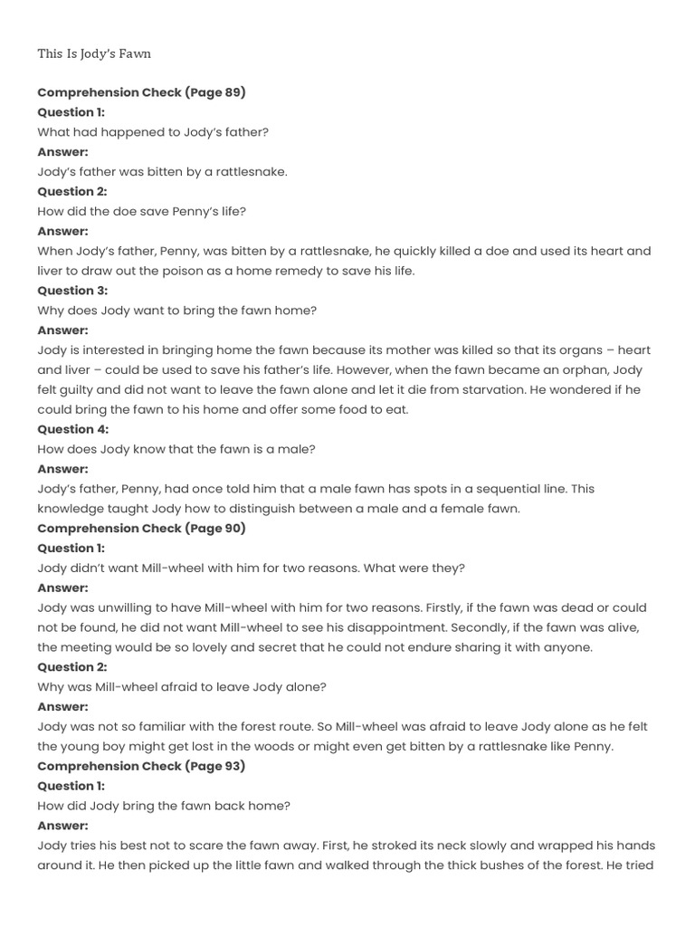This Is Jody's Fawn Questions and Answers | PDF | Verb | Deer