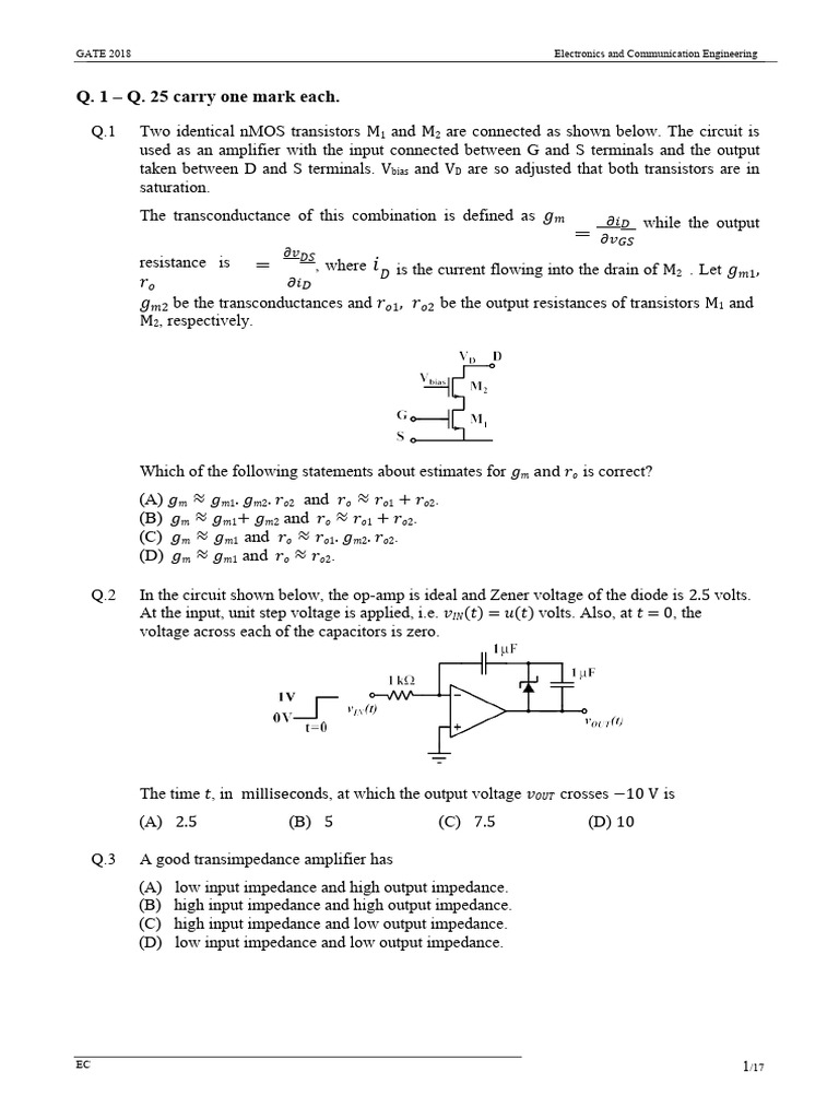 GATE 2018 Electronics and Communication Engineering (EC) Question Paper ...