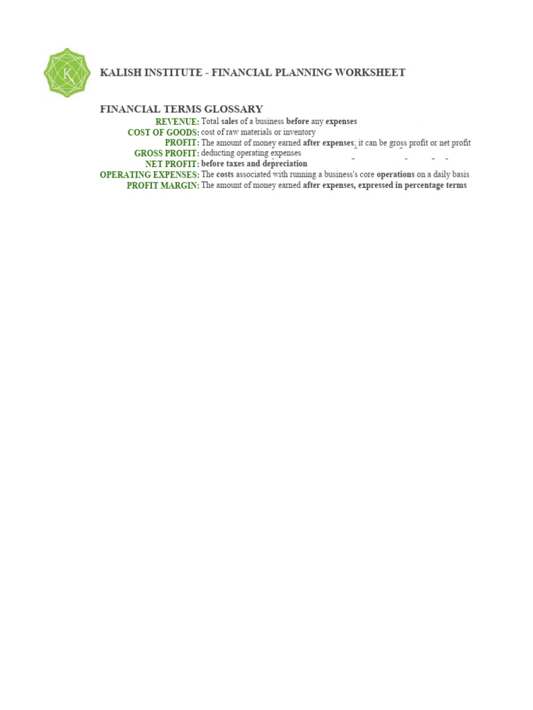 Kalish Institute - Financial Planning Worksheet | PDF | Cost Of Goods ...
