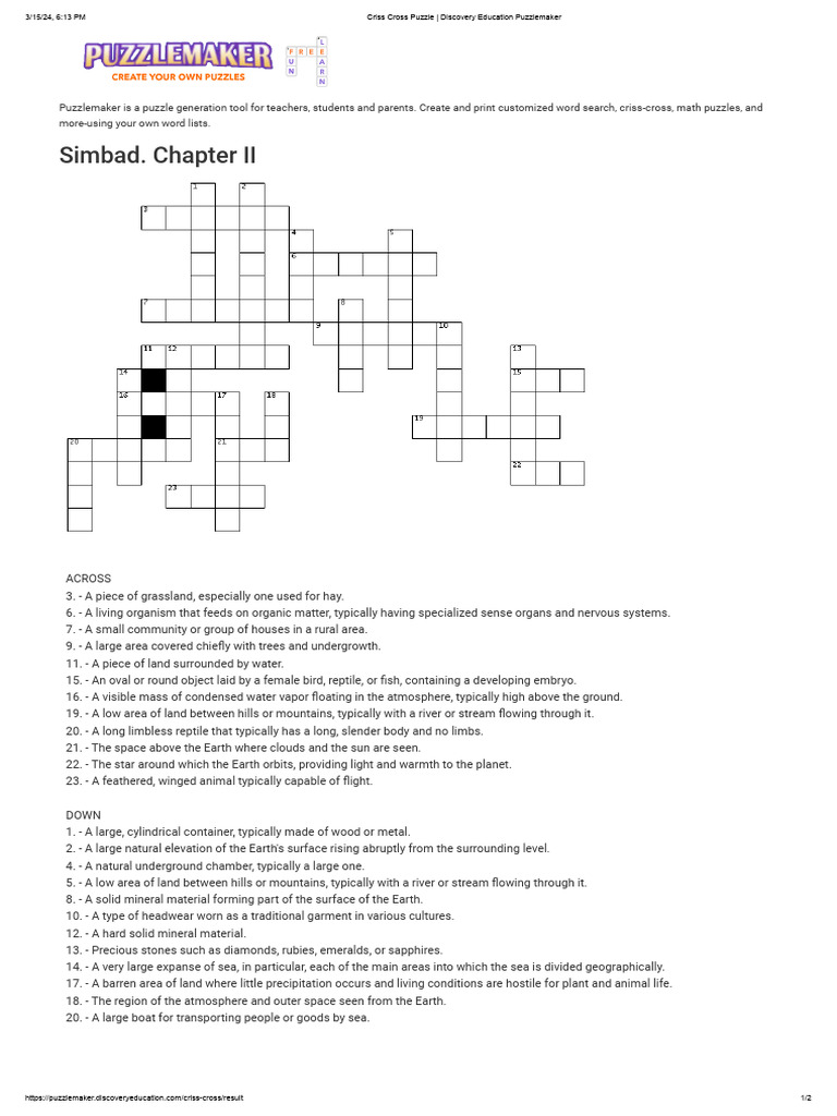Simbad Chapter II Criss Cross Puzzle - Discovery Education Puzzlemaker ...