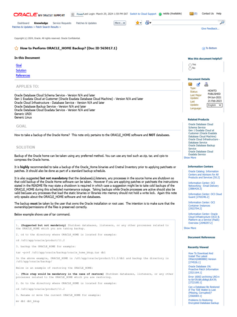 How To Perform ORACLE - HOME Backup Doc ID 565017 | PDF | Oracle ...