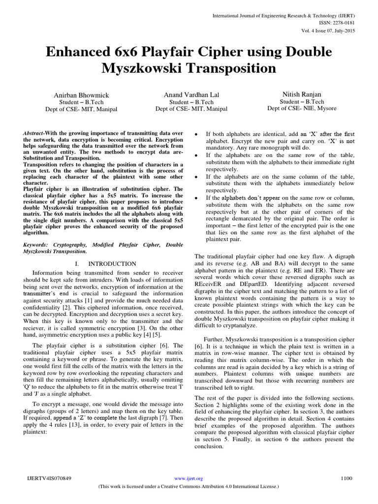 Enhanced 6x6 Playfair Cipher Using Double Myszkowski Transposition IJERTV4IS070849 | PDF ...