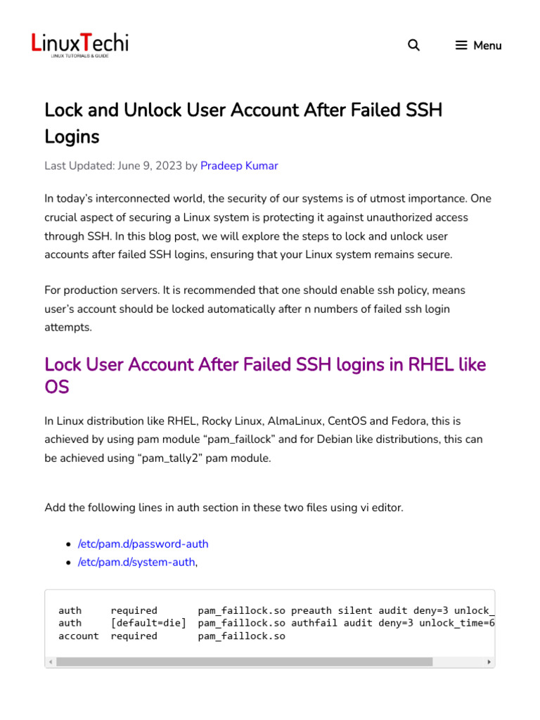 Lock and Unlock User Account After Failed SSH Logins | PDF | Sudo | Login