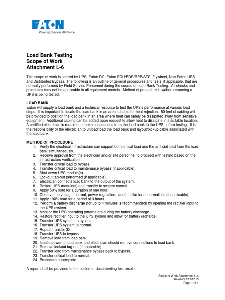 Eaton Ups Load Bank Test Sow L 6 | PDF | Electrician | Rectifier