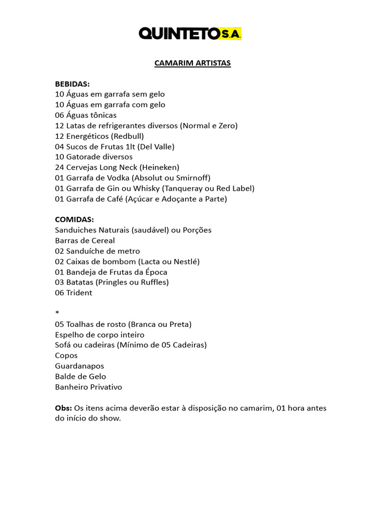 Rider de Camarim para Artistas e Banda | PDF
