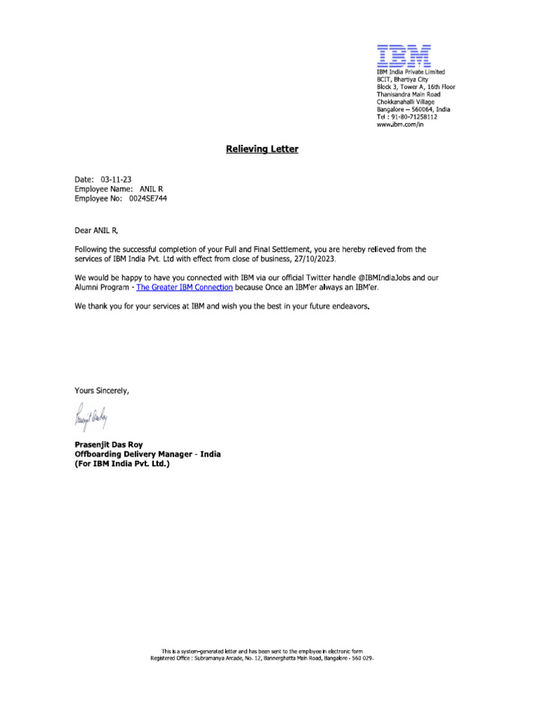 IBM Experience Letter | PDF