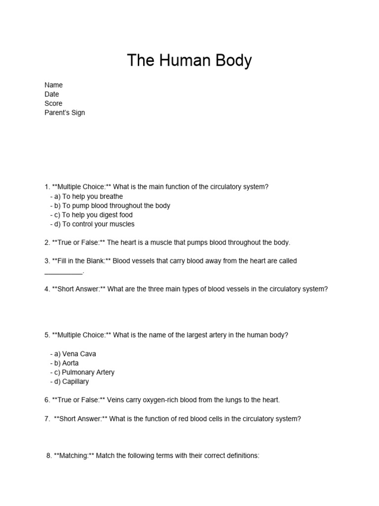 The Human Body Question Paper (DPS Grade 5) | PDF | Blood Vessel | Artery