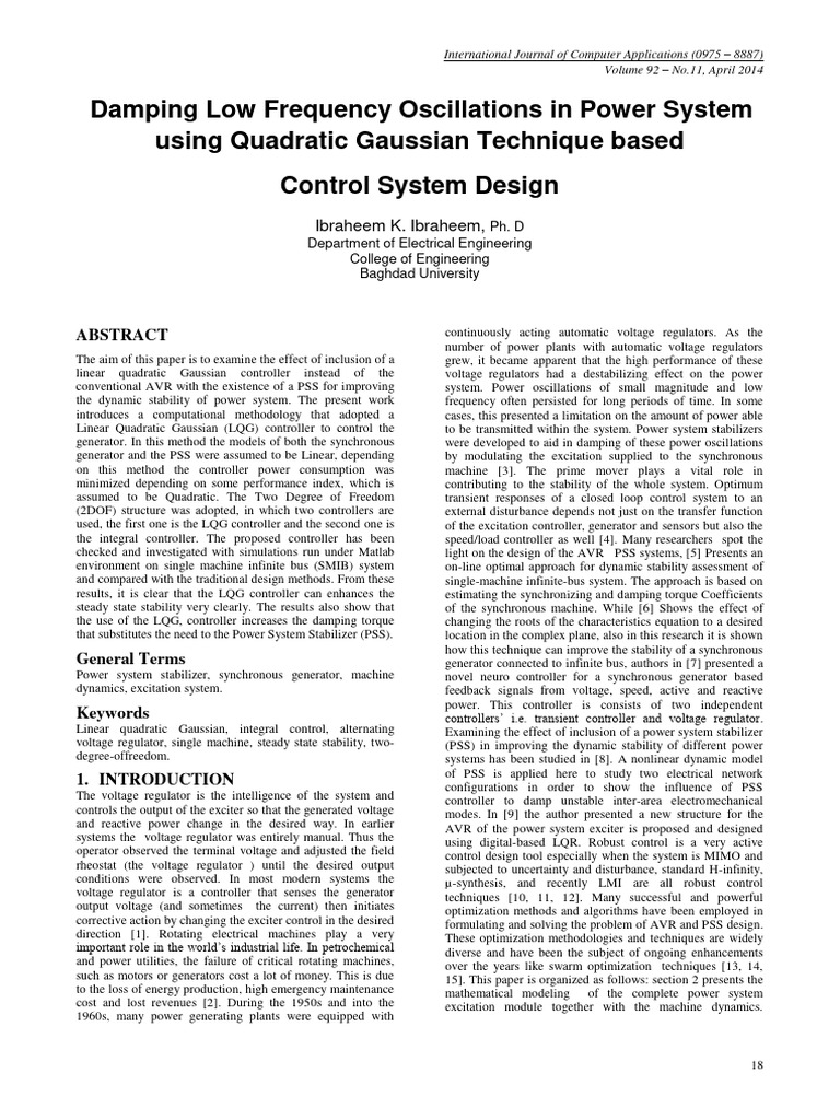 Damping Low Frequency Oscillations in Po | PDF | Control Theory | Electrical Engineering