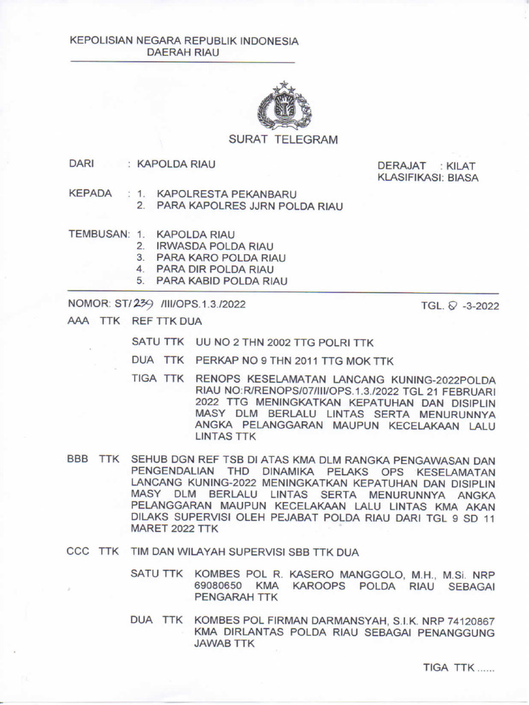 ST 239 TTG Pelaks Supervisi Ops Keselamatan LK 2022 | PDF