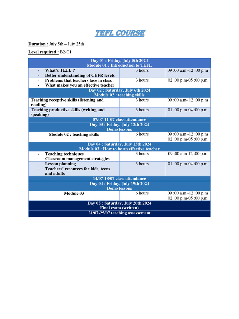 TEFL Course Detailed Planning | PDF